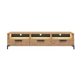 Selsey - rikke - TV-Lowboard / TV-Tisch mit 3 offenen Fächern, Klappen und Metallfüßen, 160 cm breit (Wotan Eiche Matt mit led)