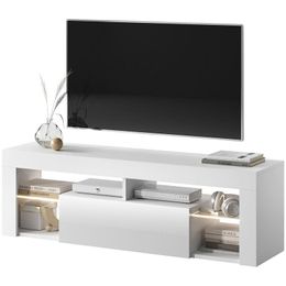 Selsey - bianko - TV-Lowboard stehend in Weiß Matt/Weiß Hochglanz mit Klappe und LED-Beleuchtung, 140 cm