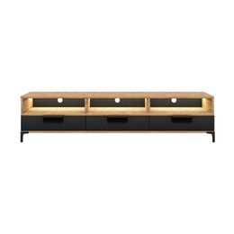 Selsey - rikke - TV-Lowboard / TV-Tisch mit 3 offenen Fächern, Klappen und Metallfüßen, 160 cm breit (Wotan Eiche Matt / Schwarz Hochglanz mit led)