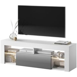Selsey - bianko - TV-Lowboard stehend in Weiß Matt/Grau Hochglanz mit Klappe und LED-Beleuchtung, 140 cm