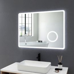 Led Badspiegel 80x60cm Badezimmerspiegel mit Beleuchtung mit 3X Vergrößerung, Touch-Schalter, Beschlagfrei und Uhr, Lichtspiegel Kaltweiß 6500K