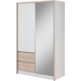 3xe Living - 3xEliving Stilvoller und geräumiger Maksym Kleiderschrank mit Spiegel und Schubladen, weiß/Sonoma 130cm - weiß & Sonoma Eiche