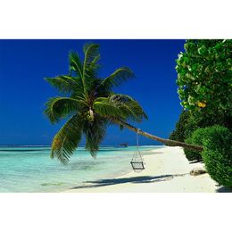 Urlaub Fototapete Malediven | 3D Bildtapete mit Strand Palme und Meer für Wohnzimmer und Esszimmer | Tropische Insel Tapete mit Hängematte blau grün