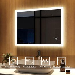 Badspiegel 90x70cm Wandspiegel mit Beschlagfrei, Badezimmerspiegel mit led Beleuchtung, Badezimmerspiegel mit Touch, Kaltweiß Beleuchtung - Meykoers