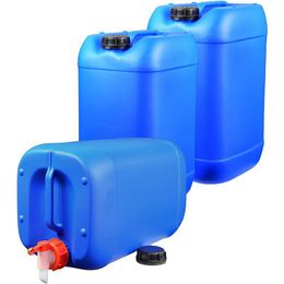 3x 25 Liter Getränke- Wasserkanister mit 1 Hahn und 3 Schraubdeckel (din 61) Lebensmittelecht bpa Frei Tragbar Indoor und Outdoor Hergestellt in