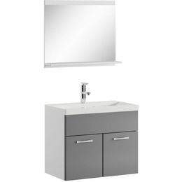 Badplaats Badezimmer Badmöbel Set Montreal 02 60cm Waschbecken Hochglanz Grau Fronten - Unterschrank Waschtisch Spiegel Möbel - Weiß mit hochglanz grau