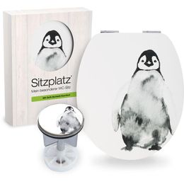 Sitzplatz Badezimmer-Set Motiv Pinguin WC-Sitz mit Absenkautomatik Ovaler Toilettendeckel mit Holzkern Design-Excenterstopfen 38 - 40 mm Waschbeckenstöpsel mit