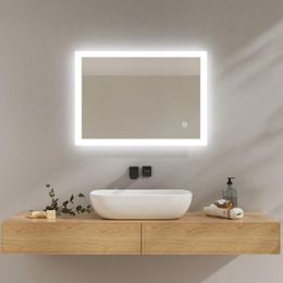 Badspiegel mit Beleuchtung led Wandspiegel Badezimmerspiegel, 70x50cm, Kaltweißes Licht, Touchschalter, Beschlagfrei - Emke