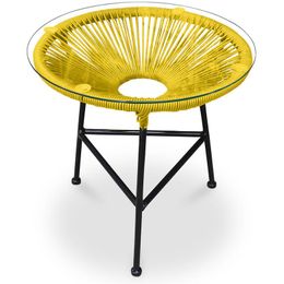 PRIVATEFLOOR Gartentisch - Beistelltisch - Acapulco Gelb - Glas, Synthetisches Rattan, Rostfreier Stahl, Metall, Kunststoff - Gelb