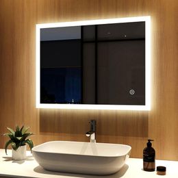 Badspiegel mit LED-Beleuchtung 90x70cm Badezimmerspiegel mit Touchschalter und Beschlagfrei, Kaltweiß Licht 6500K - Meykoers