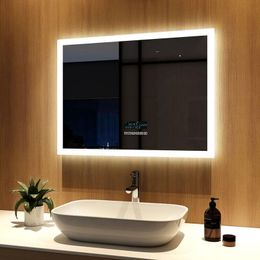 Badspiegel mit LED-Beleuchtung 80x60cm Badezimmerspiegel mit Touchschalter, Beschlagfrei, Bluetooth und Uhr, Kaltweiß Licht 6500K - Meykoers