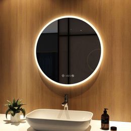 Badspiegel mit Beleuchtung 70cm badspiegel Rund led mit Touch, Anti-Beschlag, Uhr, Dimmbare Helligkeit Badezimmerspiegel - Meykoers