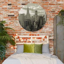 K&L WALL ART Alu-Dibond-Poster Rund Metalloptik Wandbild Manhattan New York Skyline Stadt Vintage Deko ø 30cm - weiß