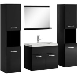 Badplaats Badezimmer Badmöbel Set Montreal xl 60cm Waschbecken Schwarz Hochglanz Fronten - Unterschrank Hochschrank Waschtisch Möbel - Mattschwarz mit