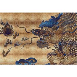Chinesische Tapete blau gold | Vlies Fototapete mit Drachen in Metallic 3D Optik | China Bildtapete ideal für Wohnzimmer und Esszimmer - 270 x 400 cm