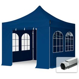 3x3 m Faltpavillon professional Alu 40mm, Seitenteile mit Sprossenfenstern, blau - blau