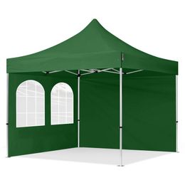 3x3 m Faltpavillon professional Alu 40mm, Seitenteile mit Sprossenfenstern, dunkelgrün - dunkelgrün