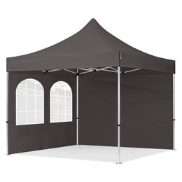 3x3 m Faltpavillon professional Alu 40mm, Seitenteile mit Sprossenfenstern, dunkelgrau - dunkelgrau