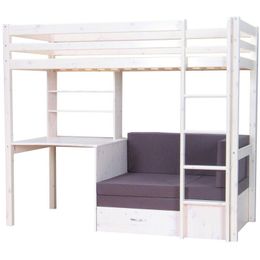 ebuy24 Kids Hochbett, Couch, Lattenrost, Matratze, Schreibplatte und Regal weiss/grau.