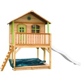 AXI Spielhaus Marc mit Sandkasten & weißer Rutsche Stelzenhaus in Braun & Grün aus fsc Holz für Kinder Spielturm mit Wellenrutsche für den Garten - Braun