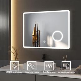 80x60cm led Badspiegel mit Beschlagfrei Kaltweiß Beleuchtung Badezimmerspiegel, Wandspiegel mit 3X Vergrößerung und Touch - Meykoers