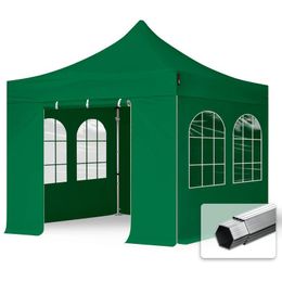 3x3 m Faltpavillon professional Alu 40mm, Seitenteile mit Sprossenfenstern, dunkelgrün - dunkelgrün