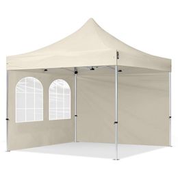 3x3m Faltpavillon professional Alu 40mm, Seitenteile mit Sprossenfenstern, creme - crème