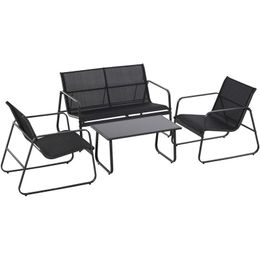 FRANKYSTAR Sakura - Design-Gartenlounge mit Sofa + 2 Sesseln + Couchtisch mit Glasablage. 4-tlg. Outdoor-Lounge-Set aus Metall und Textilene. Schwarz