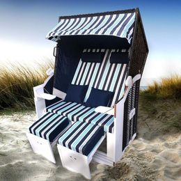 Brast - Strandkorb Sylt 2-Sitzer für 2 Personen 115cm breit blau hellblau weiß gestreift extra Fußkissen incl. Abdeckhaube Gartenliege Sonneninsel
