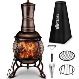 tillvex Terrassenofen (90 cm - Bronze) mit Funkenschutz und xxl Zubehör Gartenkamin mit Grillfunktion Feuerstelle Antik Gartenofen mit Abdeckung bbq