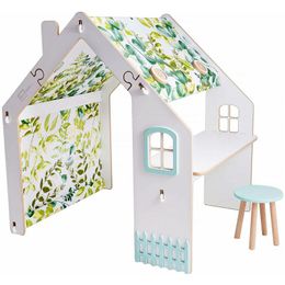 HABITAT ET JARDIN Kinderspielhaus aus Holz Bianelli- mit Schreibtisch - 114 x 93 x 120 cm - Weiß / Minzgrün
