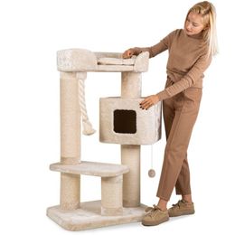 Kratzbaum stabil für schwere Katzen Maine Coon 15 cm Dicke Sisalstämme 600g Plüsch geprüfte E1 Holzplatten Spiel-Tau Höhe 118 cm - Creme - Happypet