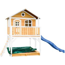 AXI - Spielhaus Marc mit Sandkasten & blauer Rutsche Stelzenhaus in Braun & Weiß aus fsc Holz für Kinder Spielturm mit Wellenrutsche für den Garten