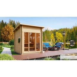 Saunahaus Lizzy xxs Gartensauna 2 Sitzbänke aus Holz, Sauna mit 40 mm Wandstärke, Außensauna - Naturbelassen - FinnTherm