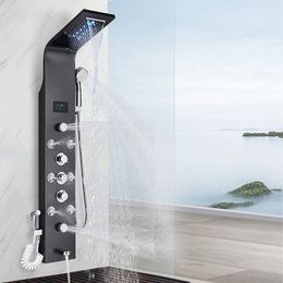 Suguword - Edelstahl Duschpaneel led mit Massagestrahl und Handbrause Schwarz Duschset 6 Funktionen Duschsystem Temperaturanzeige Duschsäule