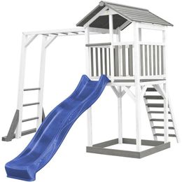 AXI Beach Tower Spielturm aus Holz in Weiß & Grau Spielhaus für Kinder mit blauer Rutsche, Klettergerüst und Sandkasten Stelzenhaus für den Garten - Weiß