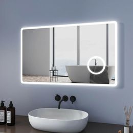 Badezimmerspiegel 100x60cm led Badspiegel Wandspiegel mit Kaltweiß Beleuchtung, Touch-Schalter und 3x Vergrößerung - Meykoers