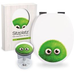 Sitzplatz Badezimmer-Set Motiv Monster Bobby WC-Sitz mit Absenkautomatik Ovaler Toilettendeckel mit Holzkern Design-Excenterstopfen 38 - 40 mm