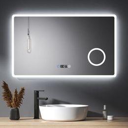 Badspiegel 100x60cm, Beleuchtung Badezimmerspiegel mit Touch, Uhr, 3-fach Lupe, Dimmbar 3 Lichtfarbe - Meykoers