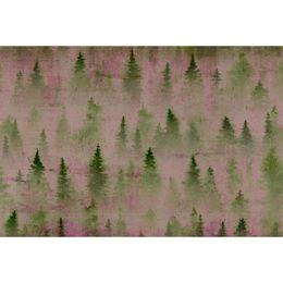 Bricoflor - Tannenwald Fototapete in Pink Grün | Vlies Fototapete mit Wald in Nebel für Schlafzimmer und Diele | Baum Tapete mit Landschaft für Flur