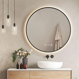 Emke - led Badspiegel Rund Spiegel mit Beleuchtung ф80cm Badspiegel Schwarzer Rand Badezimmerspiegel mit Touch, Antibeschlage, Uhr, Temperatur,