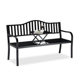 Gartenbank mit Klapptisch, 3-Sitzer, integrierte Tischablage, robuste Sitzbank, hbt: 90x150x57,5 cm, schwarz - Relaxdays