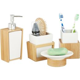Badezimmer Set, 4-teiliges Badzubehör aus Keramik und Bambus, Seifenspender und Zahnputzbecher, natur-weiß - Relaxdays