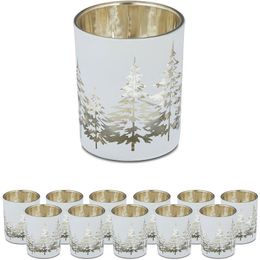 Teelichthalter im 12er Set, mit Tannenbaum-Motiv, HxD: 8,5 x 7 cm, Weihnachts-Windlicht aus Glas, weiß-gold - Relaxdays