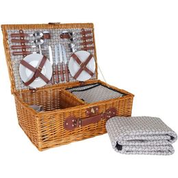 HHG - Picknickkorb-Set 141 für 4 Personen, Weiden-Korb + Kühlfach + Picknickdecke, Porzellan Edelstahl, beige - brown