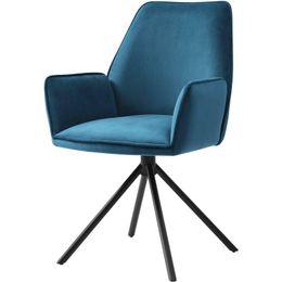 Esszimmerstuhl HHG 851, Küchenstuhl Stuhl mit Armlehne, drehbar Auto-Position, Samt türkis-blau, Beine schwarz - turquoise
