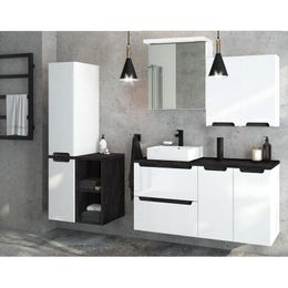 Lomadox Badmöbel Komplettset Hochglanz weiß mit Beton-Dunkel SOFIA-107 Keramik-Waschtisch & LED-Spiegelschrank, b/h/t ca. 210/200/46 cm - weiß