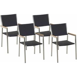 Beliani Gartenstühle 4er Set Schwarz / Silber Polyrattan Edelstahl mit Armlehnen Rattanbespannung Terrasse Outdoor Modernes Design - Schwarz