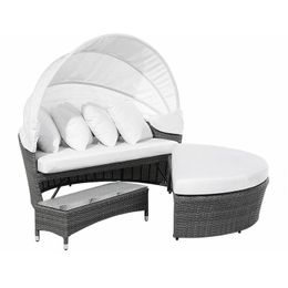 Beliani Strandkorb grau/cremeweiß Polyrattan Baumwolle 2-Sitzer Sonnendach inkl. Kissen Ottomane Tisch - Weiß