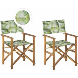Beliani Gartenstühle 2er Set Hellbraunes Akazienholz mit Wechselbarem Bezug Grau / Hellgrün Zusammenklappbar Palmenmuster Outdoor Gartenzubehör - Weiß